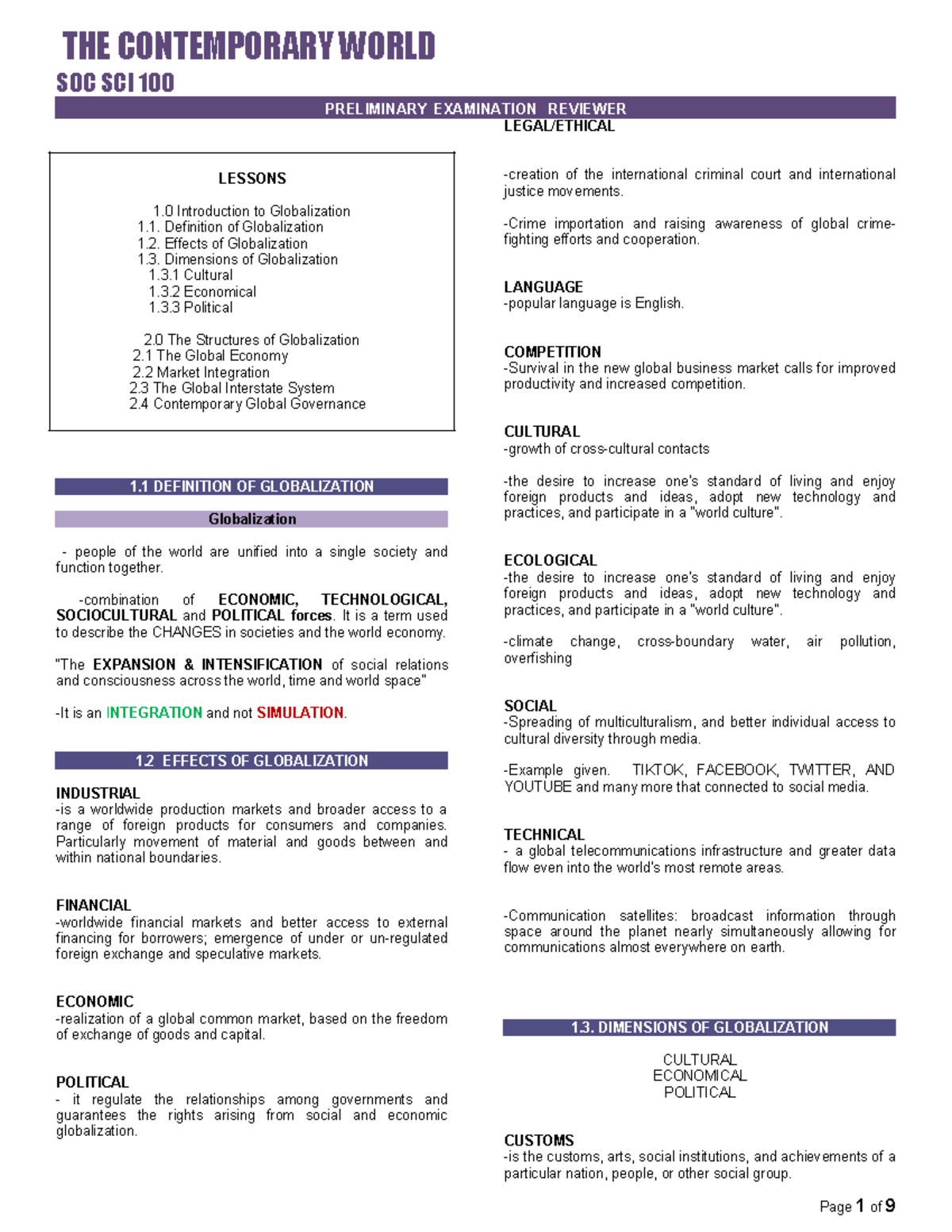 SOC-SCI-100- Reviewer - THE CONTEMPORARY WORLD SOC SCI 100 PRELIMINARY EXAMINATION REVIEWER ...