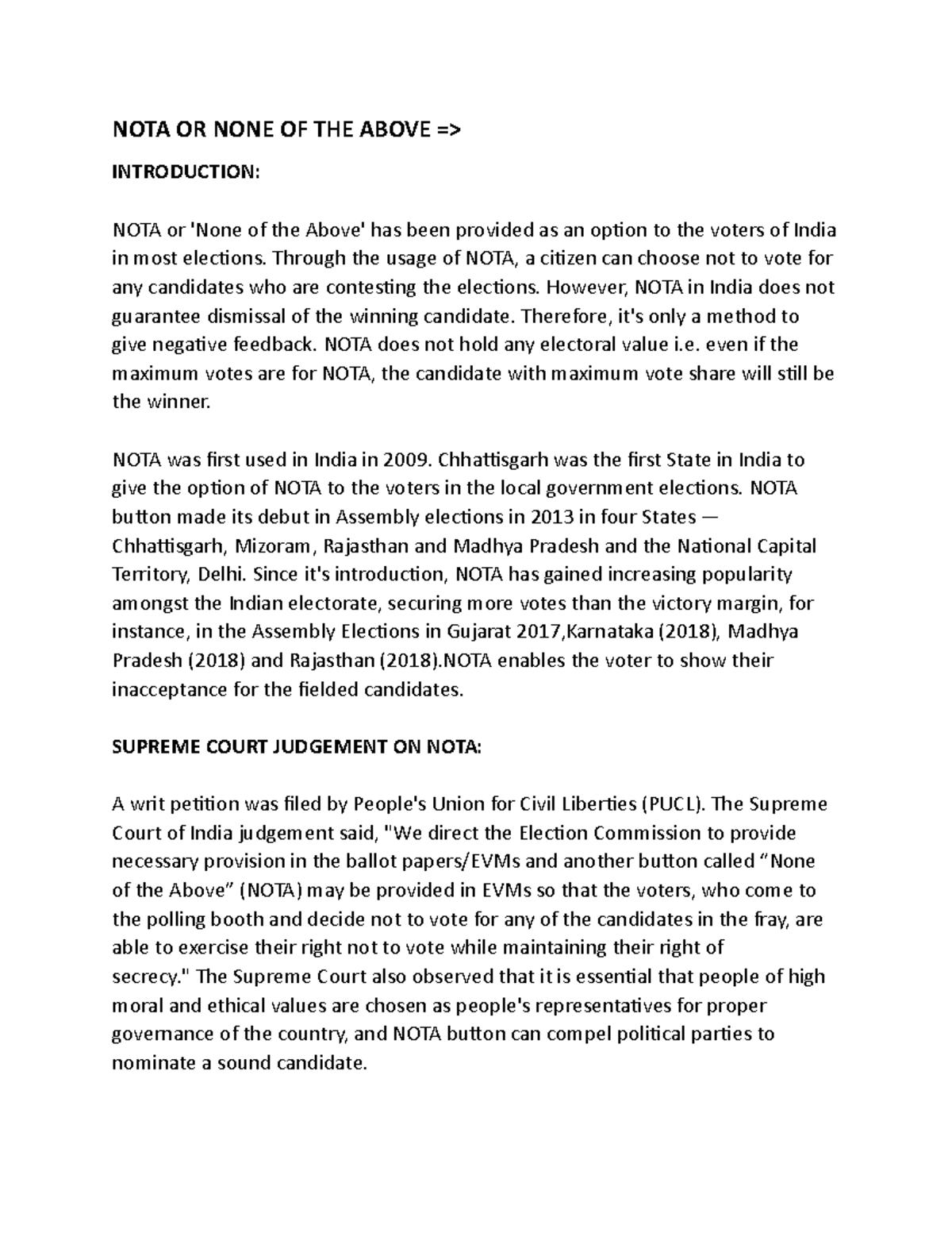 Nota or none of the above - NOTA OR NONE OF THE ABOVE => INTRODUCTION ...