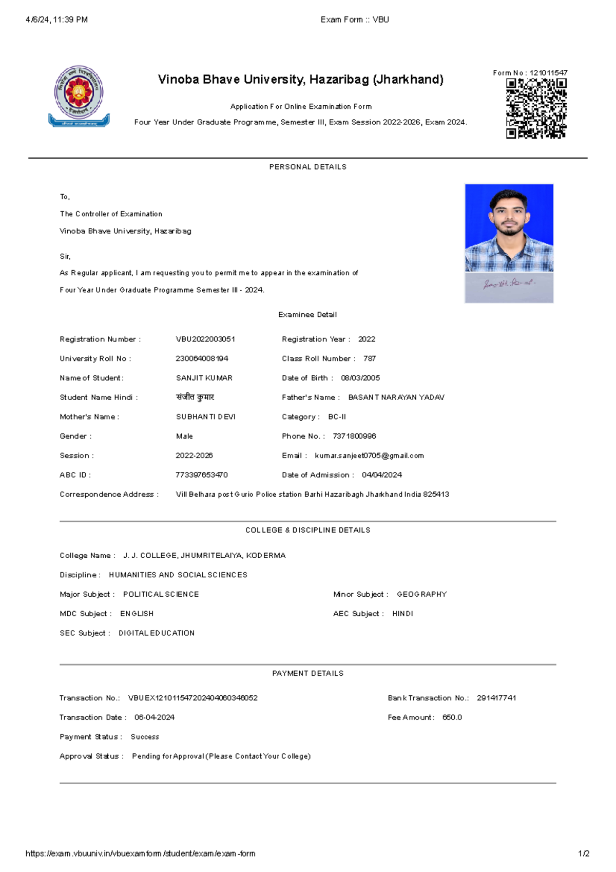 Exam Form VBU - Summary Bachelors's in Computer Application - 4/6/24 ...