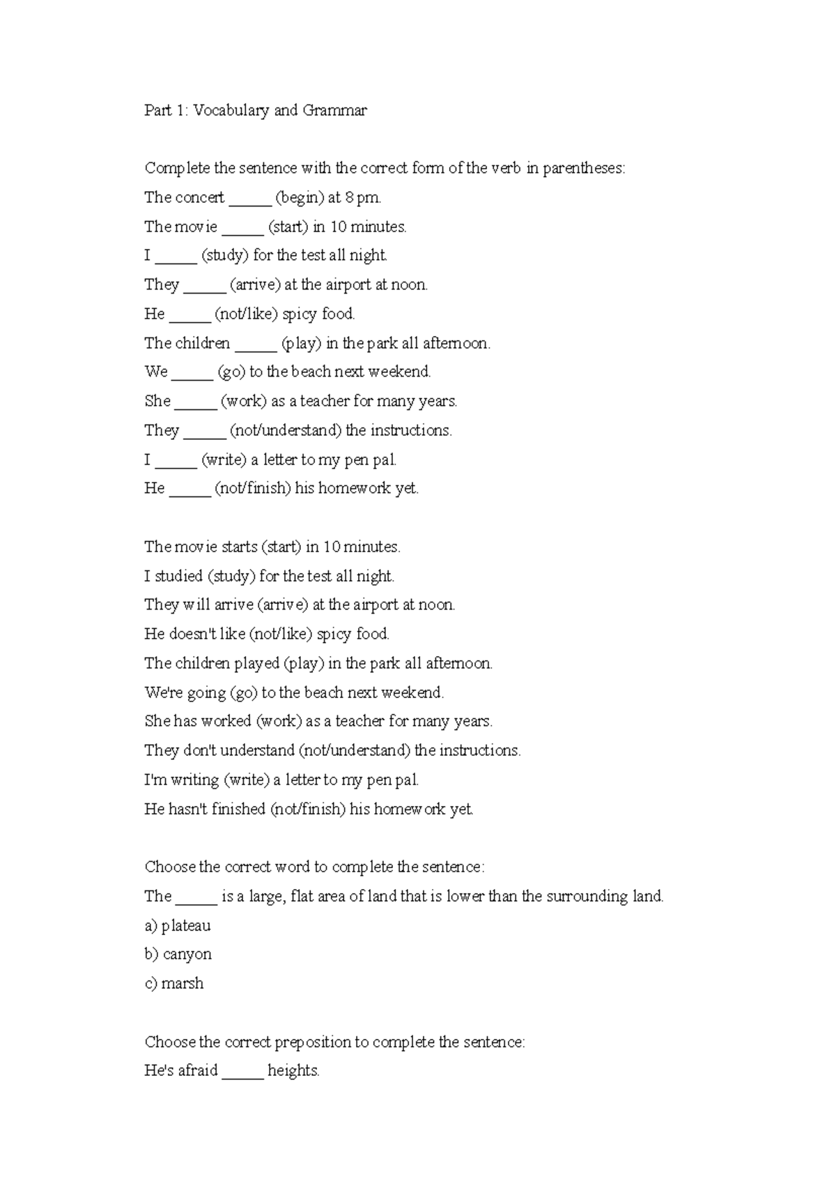 ENGLISH EXAM LEVEL B2 - Part 1: Vocabulary and Grammar Complete the ...