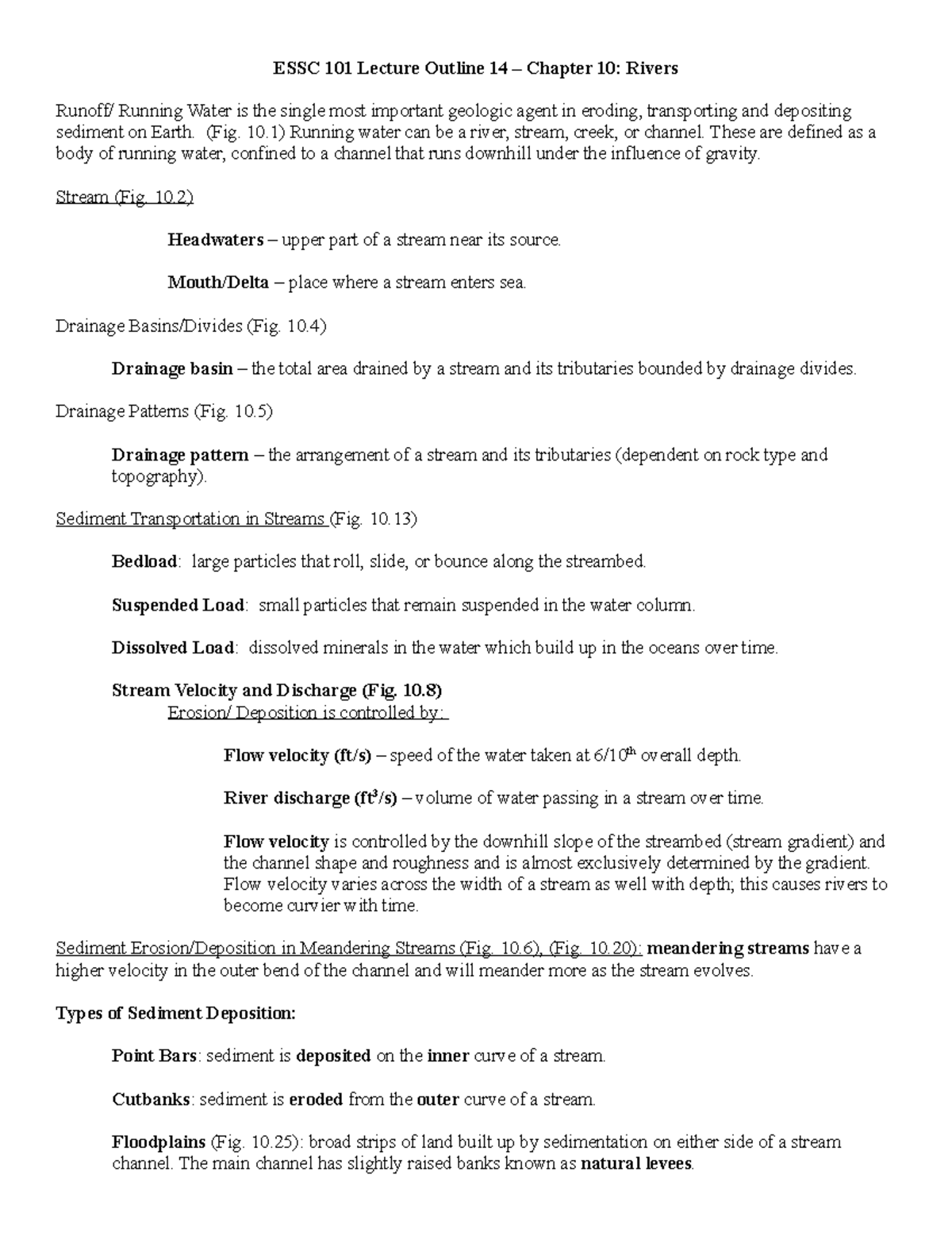 ESSC Lecture 14 Outline - ESSC 101 Lecture Outline 14 – Chapter 10: Rivers Runoff/ Running Water ...