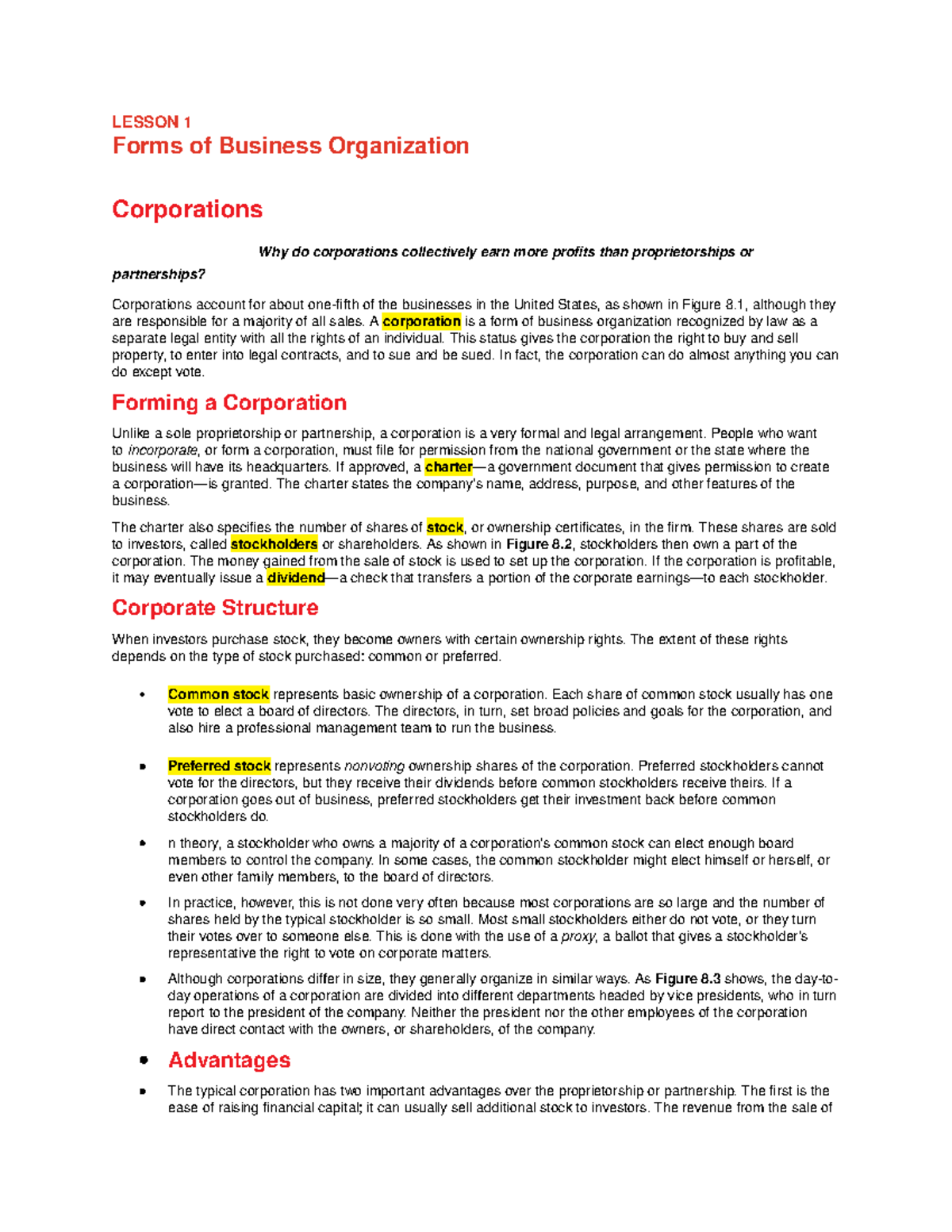 Corporation - Introduction to Corportaion - LESSON 1 Forms of Business ...
