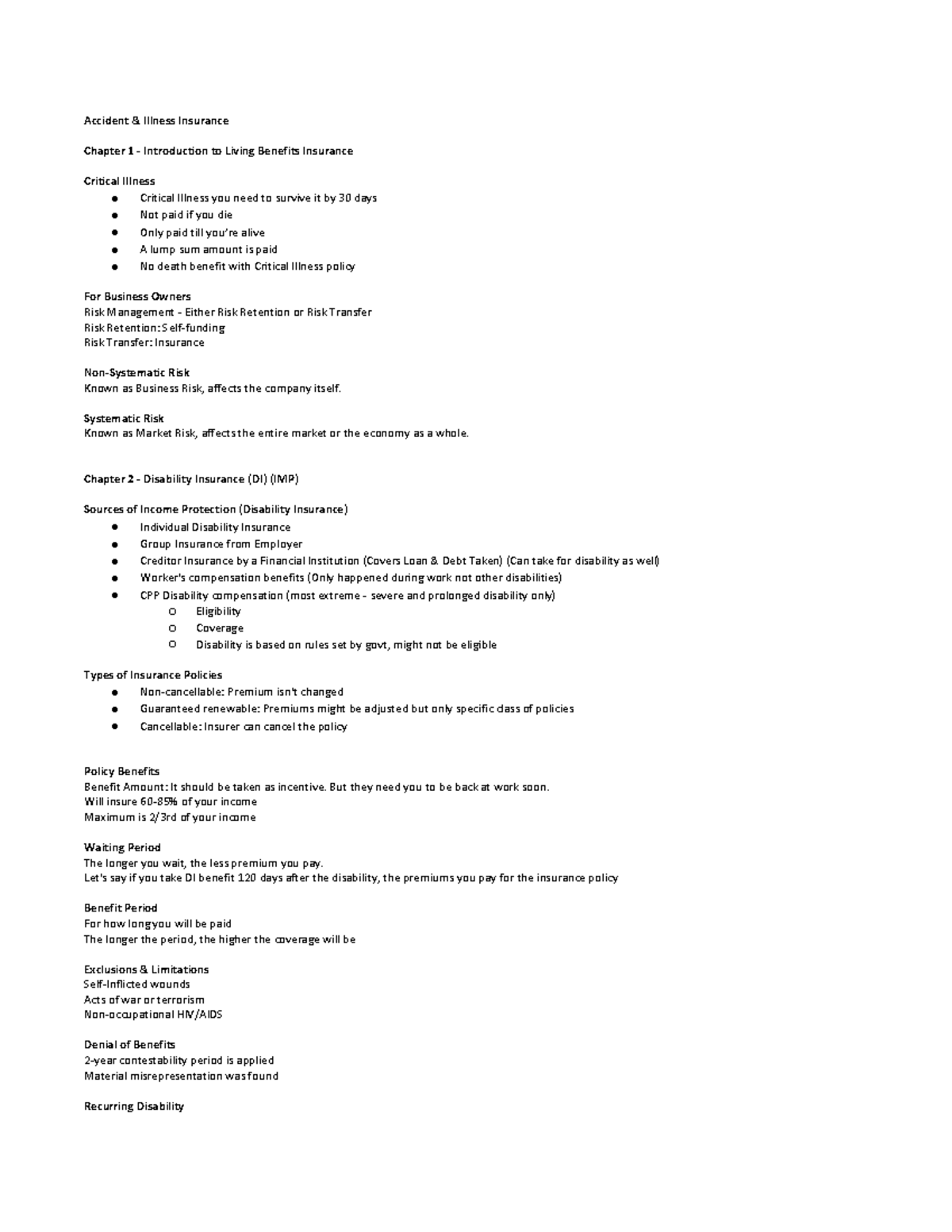 LLQP Module 2 Chapters 1-4 - Accident & Illness Insurance Chapter 1 ...
