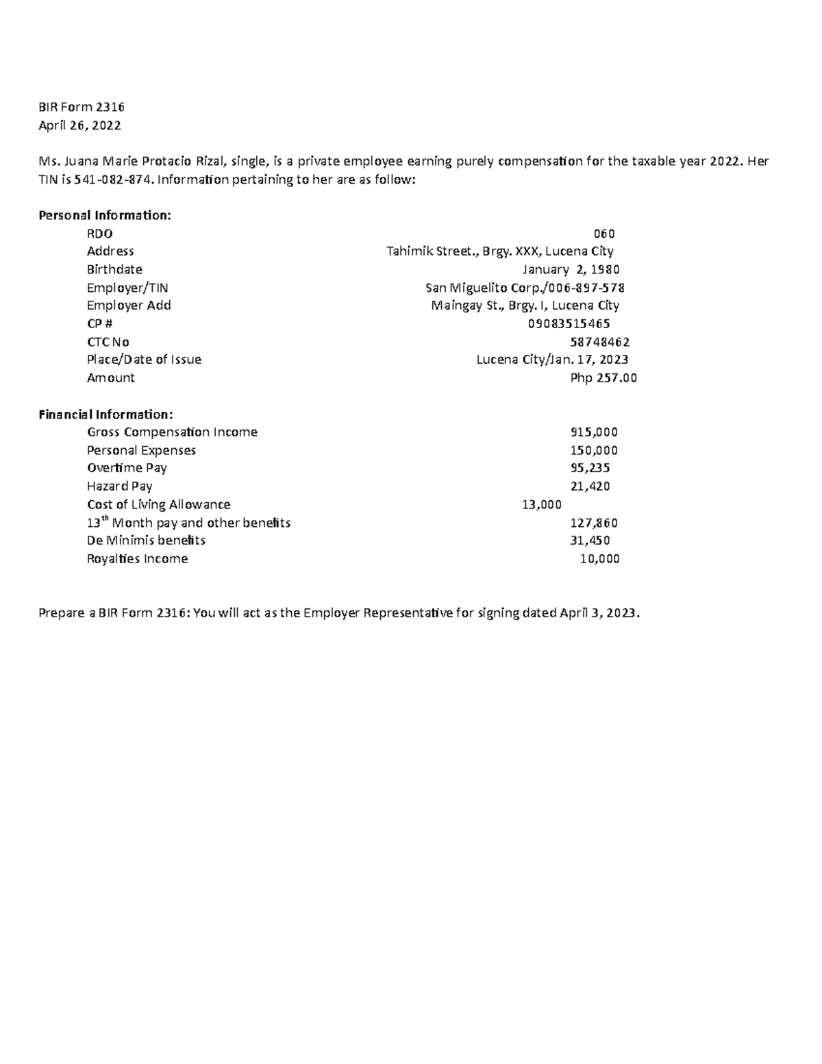 Bir form 2316 2022 - A document needed - BIR Form 2316 April 26, 2022 ...