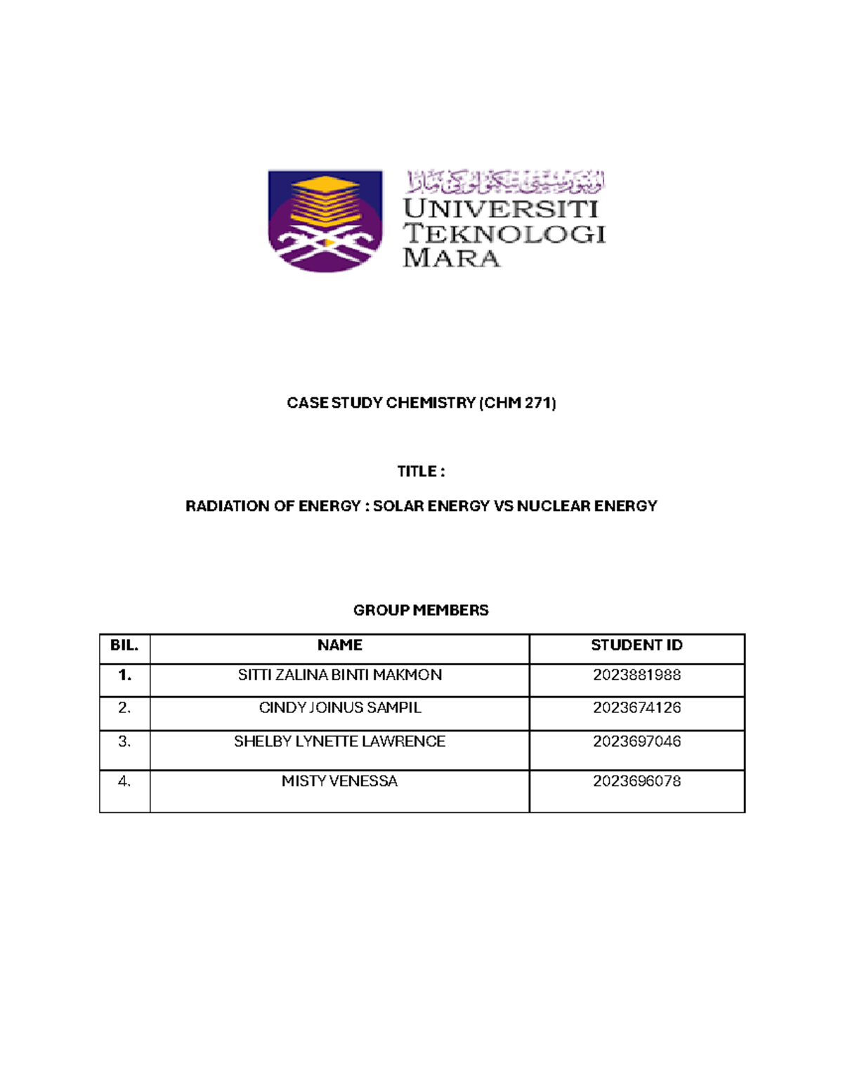 CASE Study Chemistry - CASE STUDY CHEMISTRY (CHM 271) TITLE : RADIATION ...