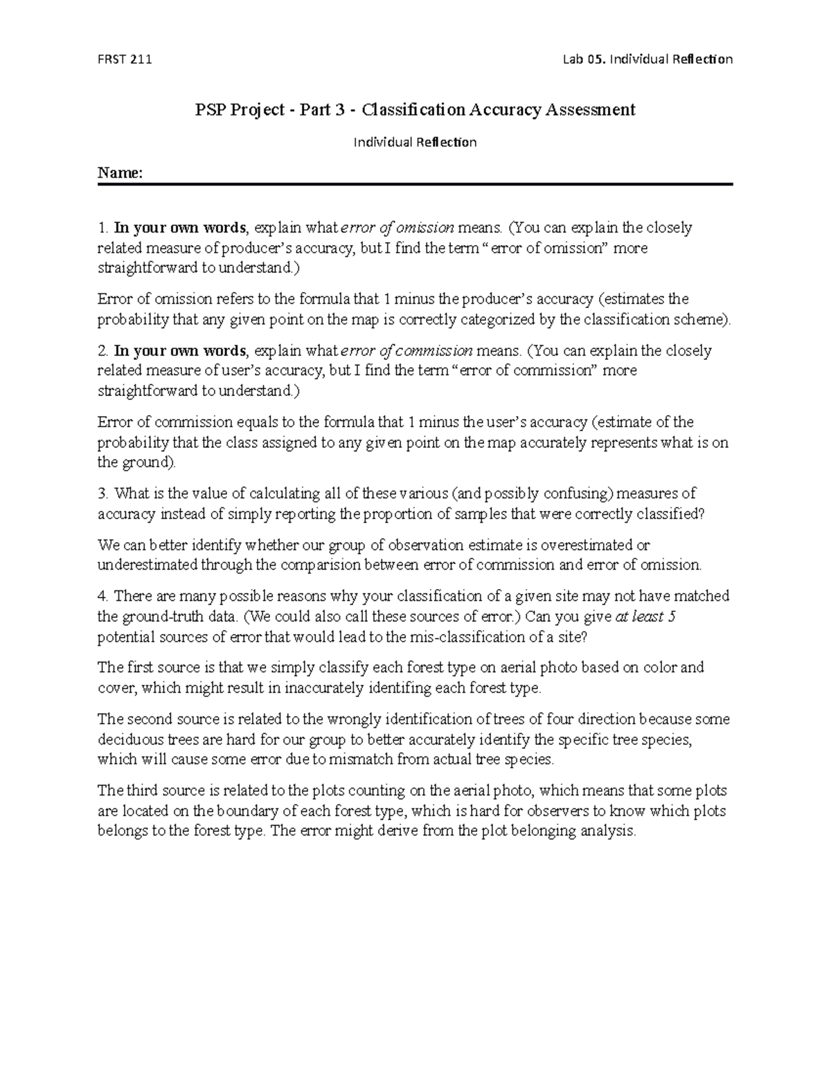 05 PSP Accuracy Assessment Individual Reflection 20220215 - FRST 211 ...