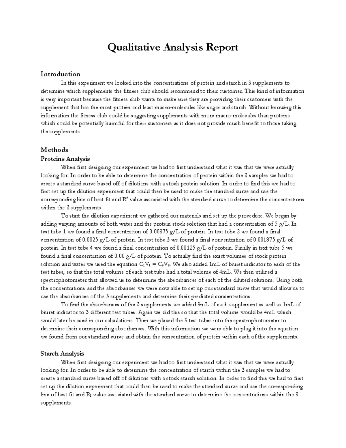 1107 QTA - Bio Lab - Qualitative Analysis Report Introduction In this ...