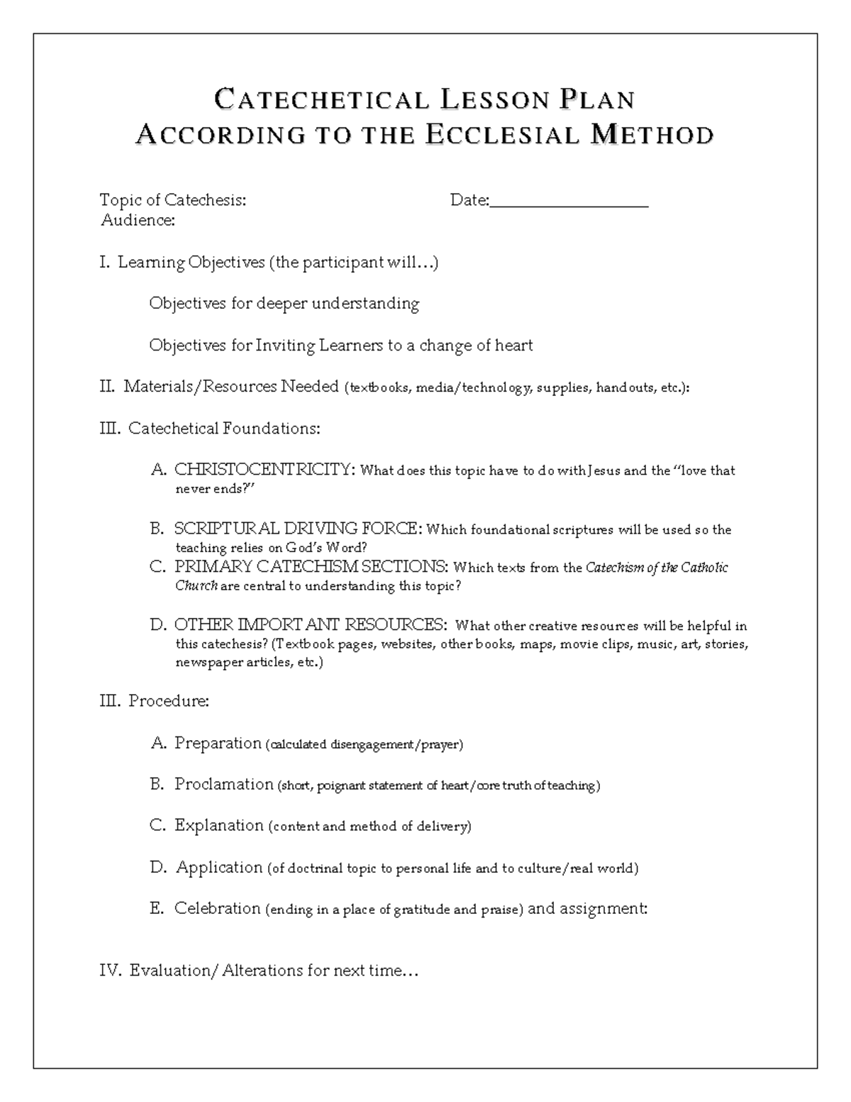 Ecclesial Method Worksheet - CC AA TT EE CC HH EE TT II CC AA LL LL EE ...