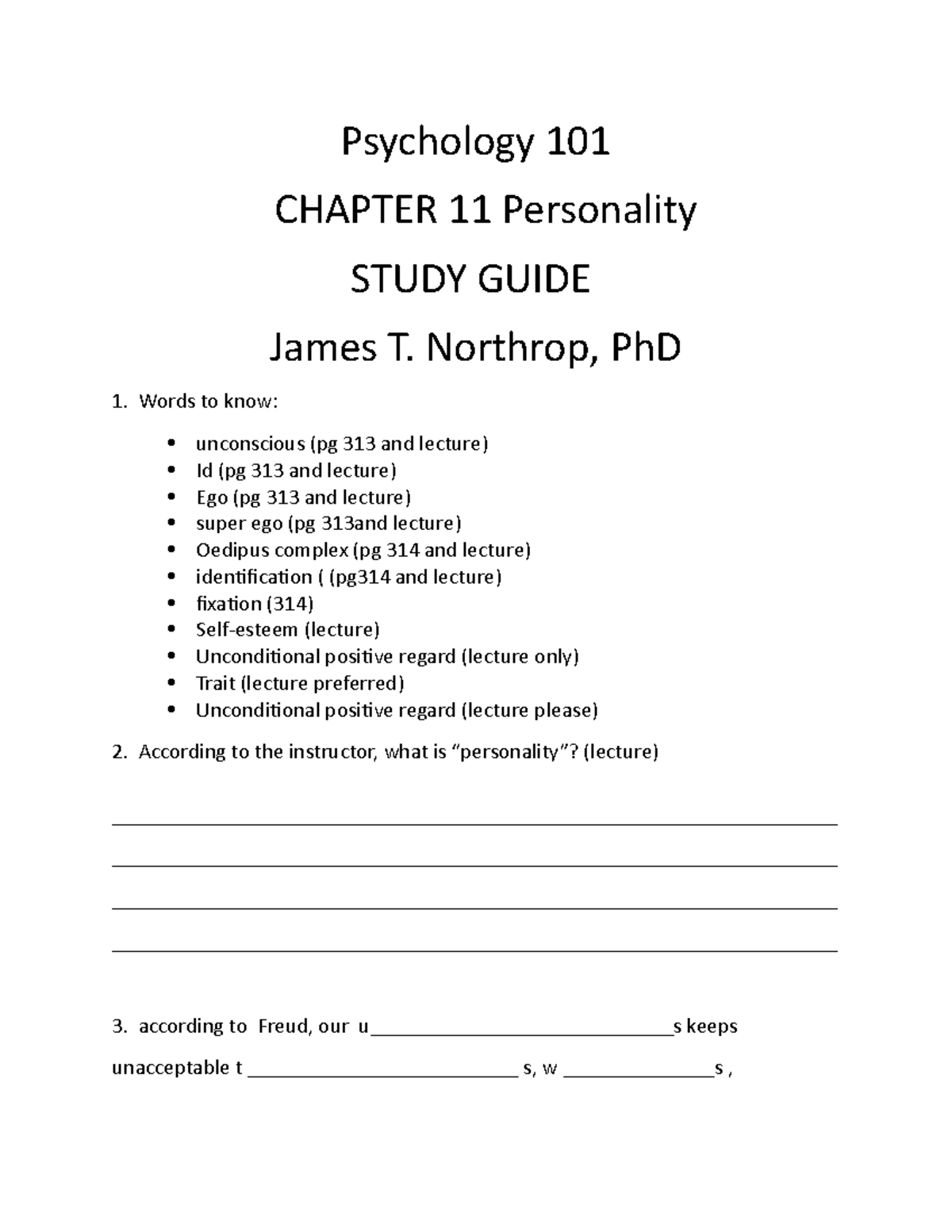 Chapter 11Studyguide Sp16 - Psychology 101 CHAPTER 11 Personality STUDY ...