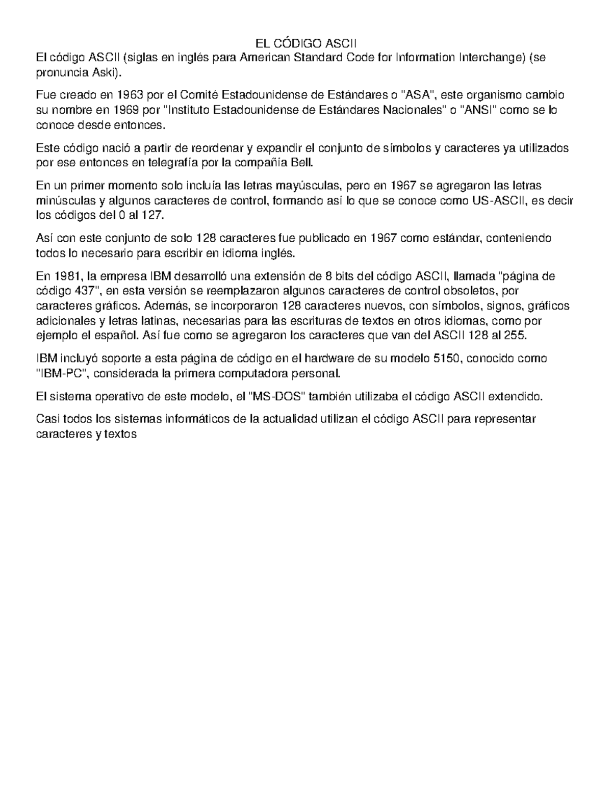EL Código Ascii - la tecnología - EL CÓDIGO ASCII El código ASCII ...
