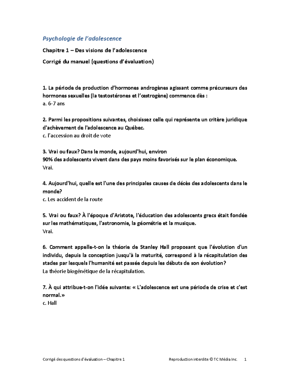 Ch. 1 - Corrigé - Corrigé - Psychologie de l’adolescence Chapitre 1 ...