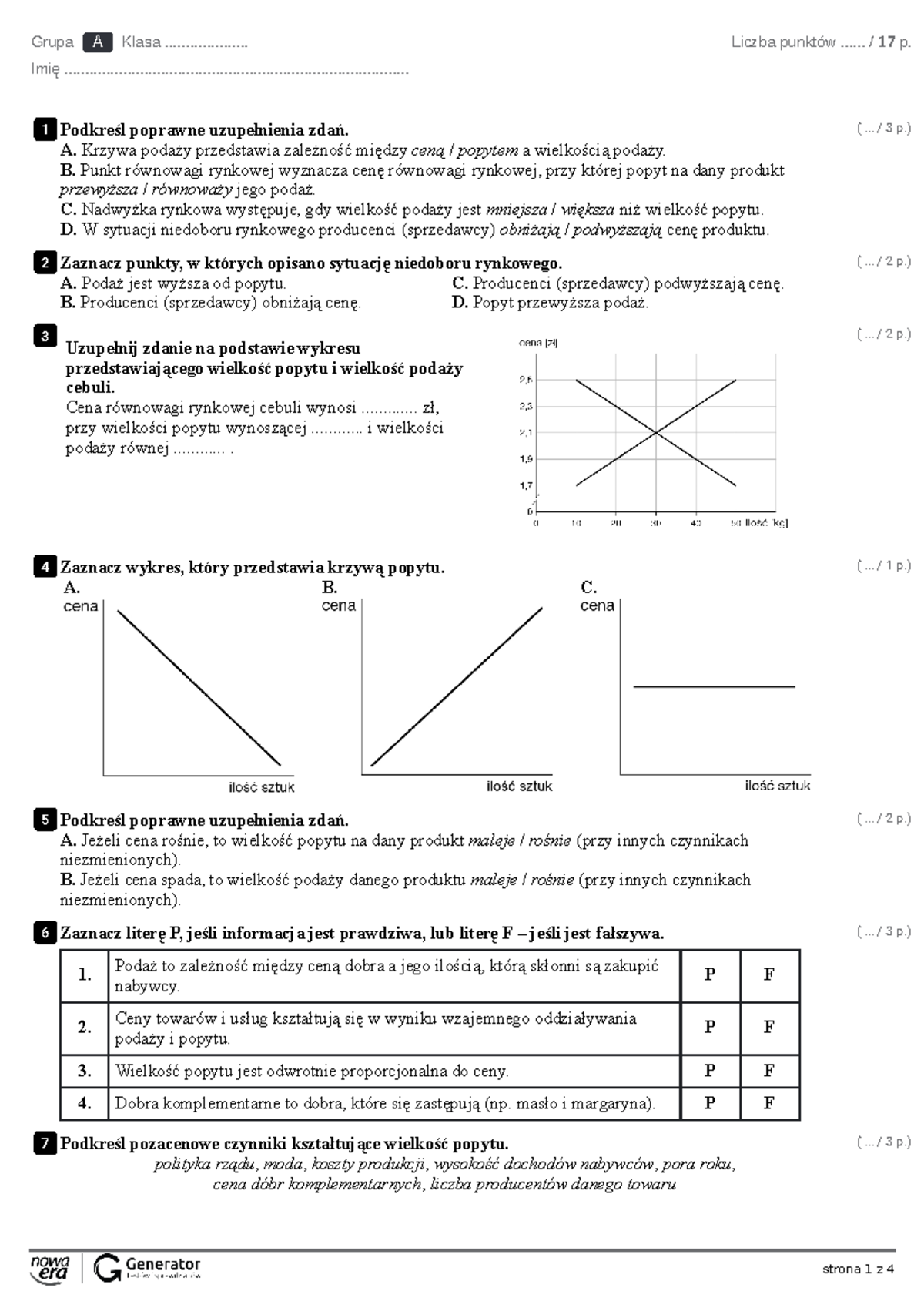 Popyt, PODAŻ, CENA Test - Grupa A Klasa .................... Imię - Studocu
