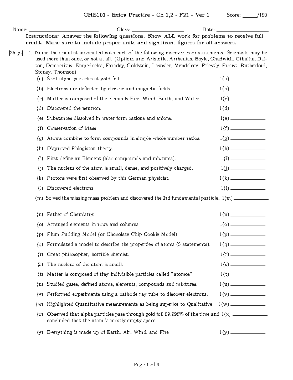 Practice CHE101 - study guide - CHE101 - Extra Practice - Ch 1,2 - F21 ...