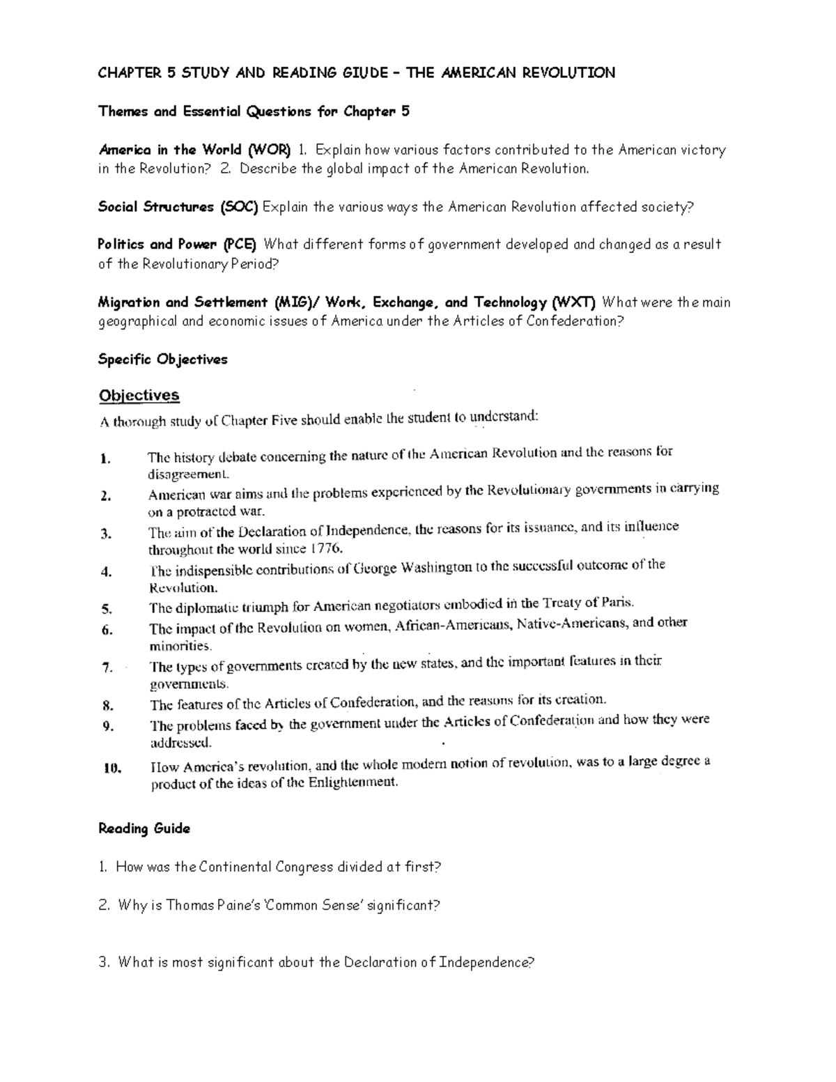 Ch 5 Guide- American Revolution - CHAPTER 5 STUDY AND READING GIUDE ...