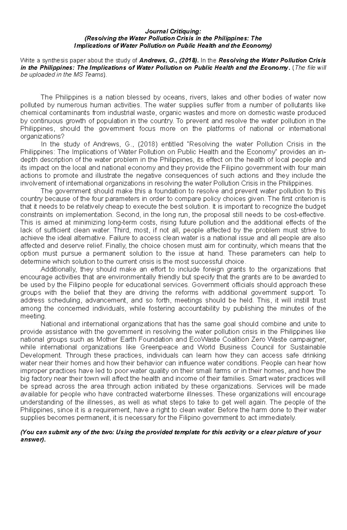 Journal Critiquing - A synthesis paper about the study of Andrews, G ...