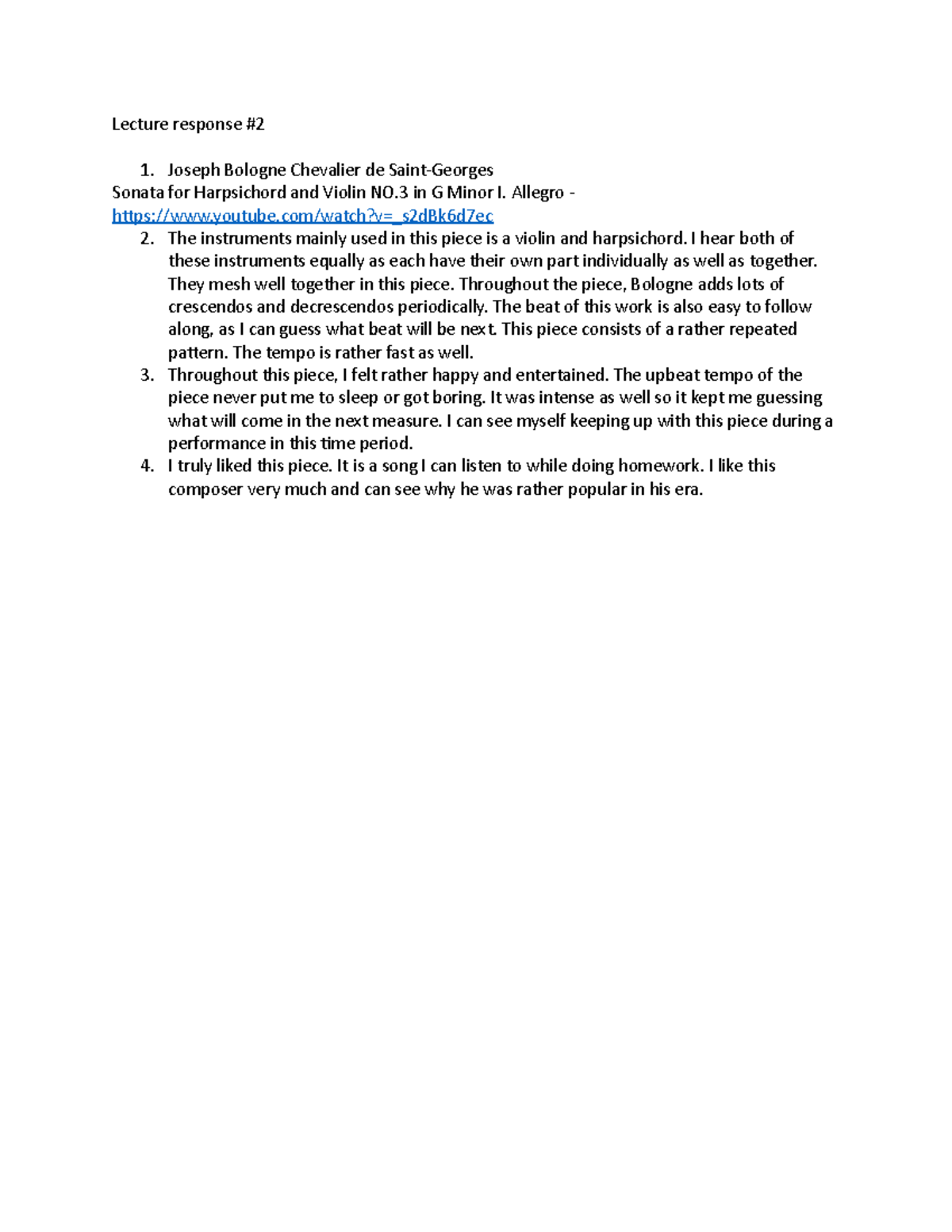 Lecture response #2 - Ben Bruflat - Lecture response # Joseph Bologne ...