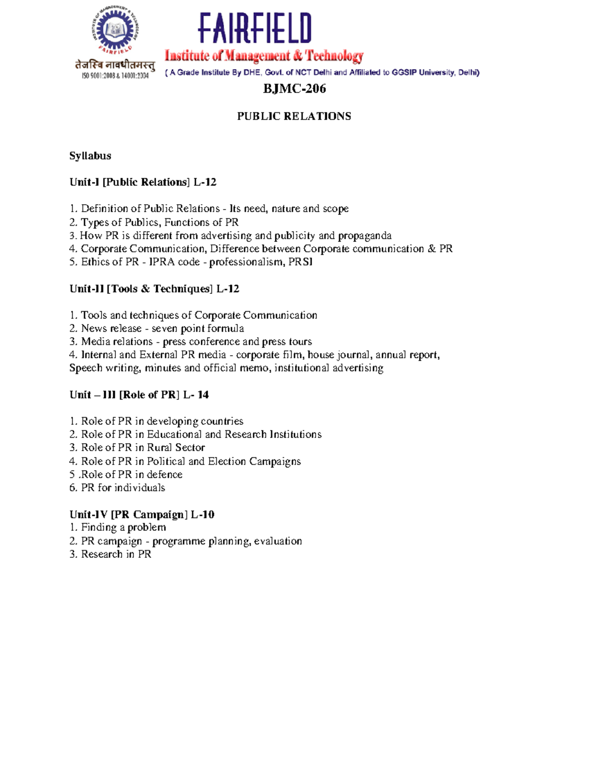 Bjmc206 - BJMC- PUBLIC RELATIONS Syllabus Unit-I [Public Relations] L ...