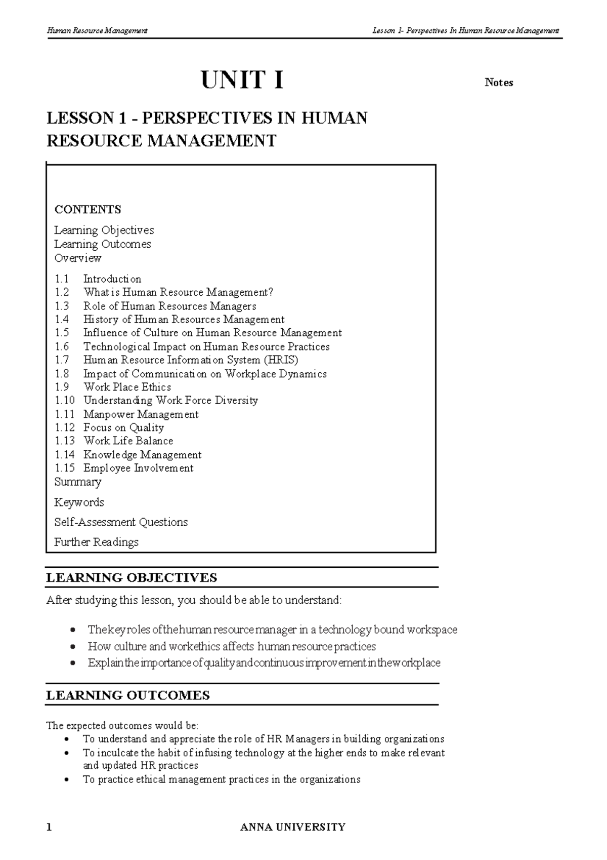 Human Resource Management (ALL Units) - UNIT I LESSON 1 - PERSPECTIVES ...