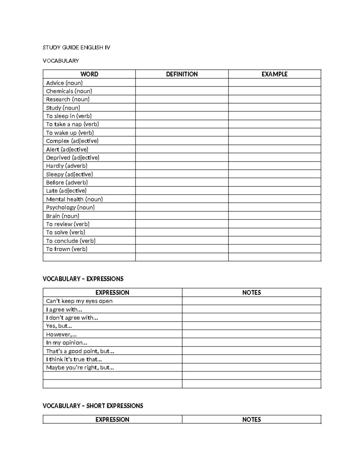 Study Guide English IV - repaso - STUDY GUIDE ENGLISH IV VOCABULARY ...