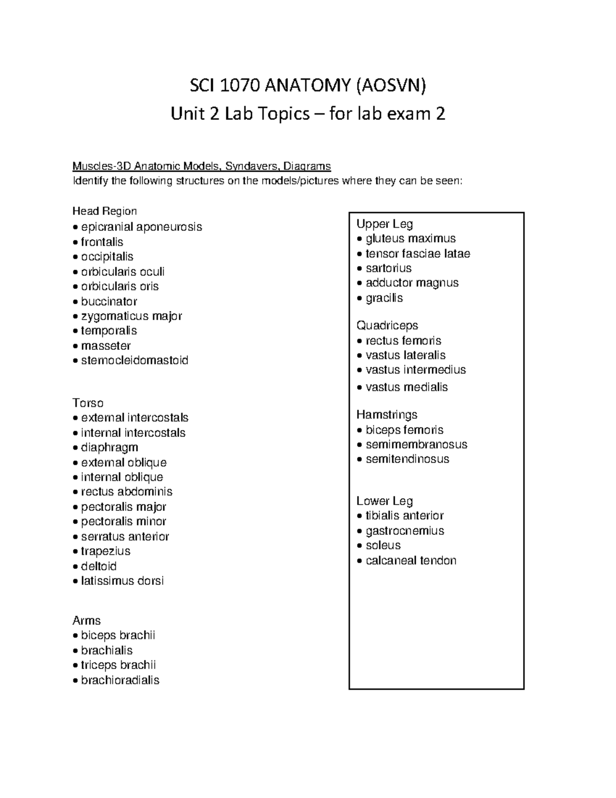 SCI 1070 Anatomy-Lab Unit 2 (AVN) - SCI 1070 ANATOMY (AOSVN) Unit 2 Lab ...