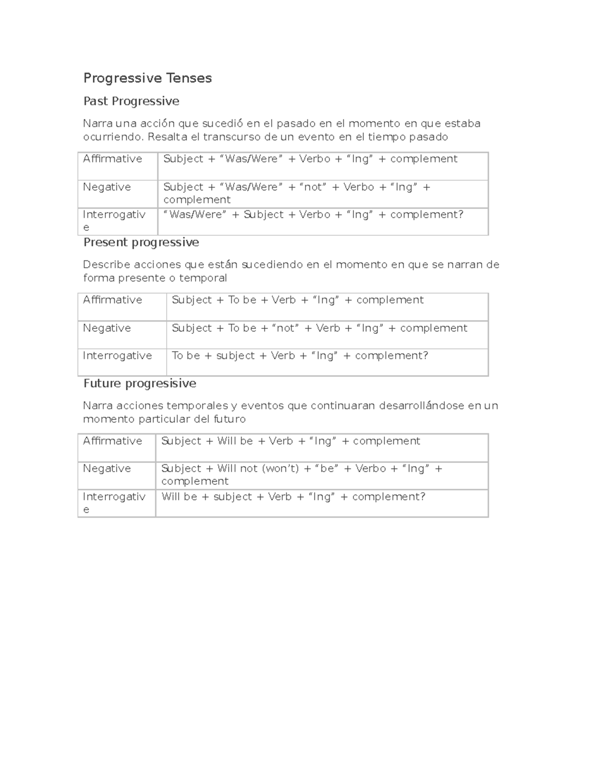 Progressive Tenses - Apuntes - Progressive Tenses Past Progressive ...