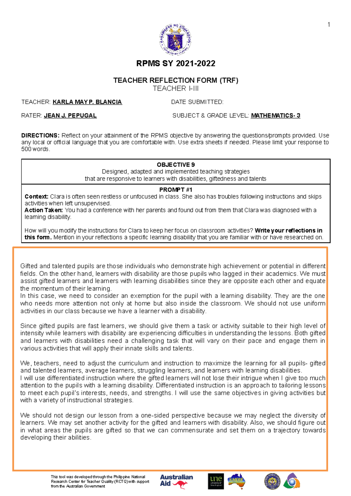 Reflection T1 T3 RPMS 2021 2022 Copy 2 1 - RPMS SY 2021- TEACHER ...