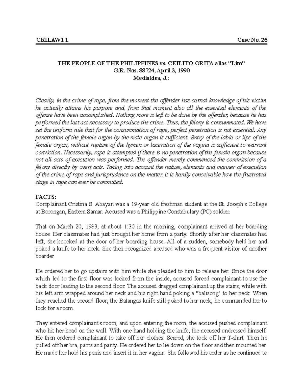 SET 3 - Cases 25 to 40 - CRILAW1 1 Case No. 26 THE PEOPLE OF THE PHILIPPINES vs. CEILITO ORITA ...