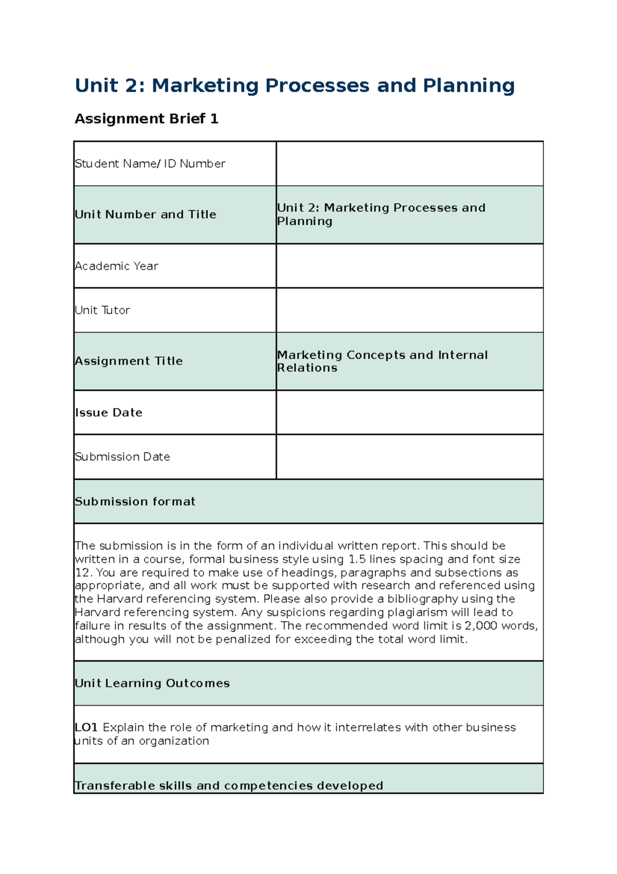Unit 2 - Assignment Brief 1 - Unit 2: Marketing Processes and Planning Assignment Brief 1 ...