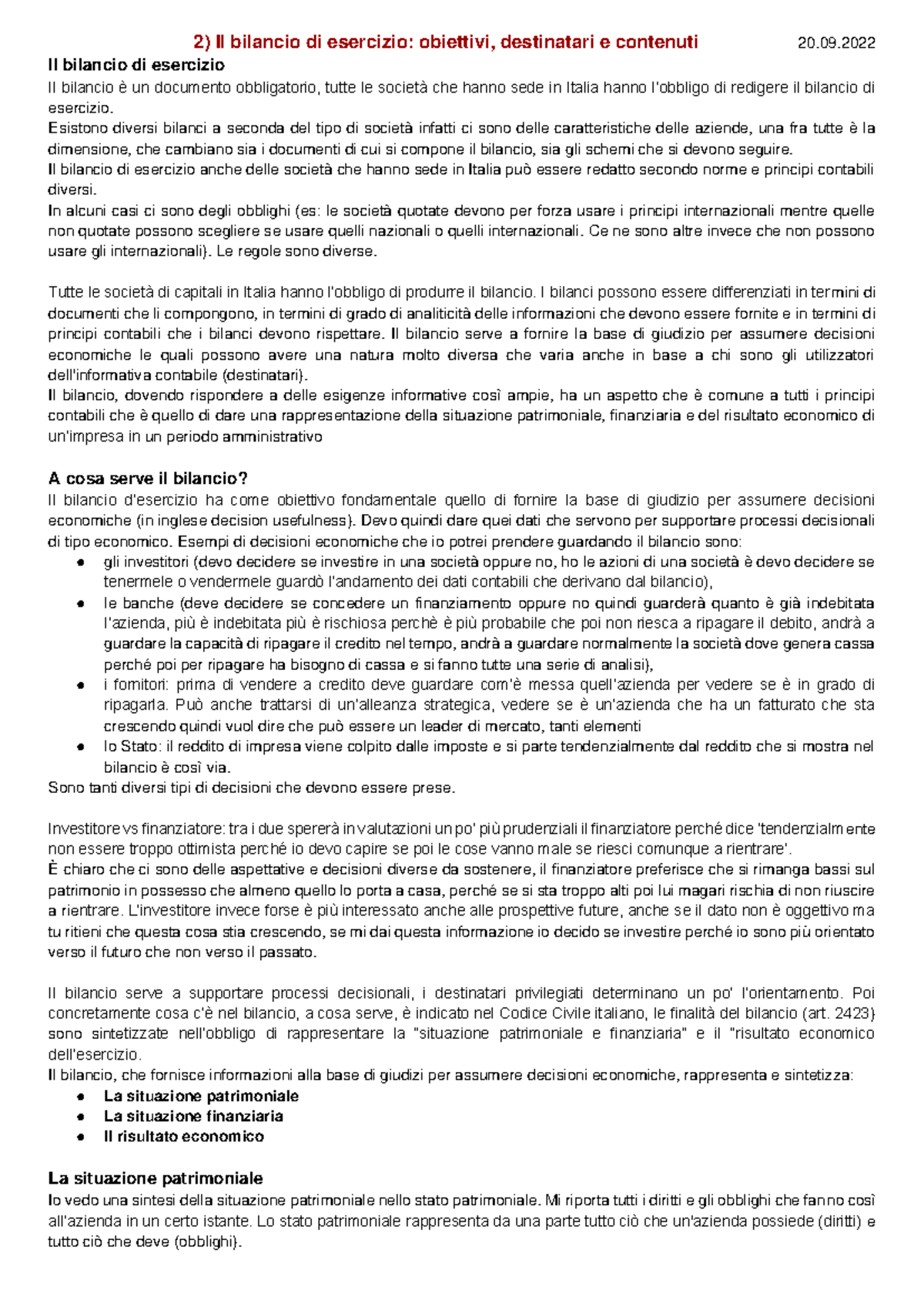 Metodologie prima parte - 2) Il bilancio di esercizio: obiettivi ...