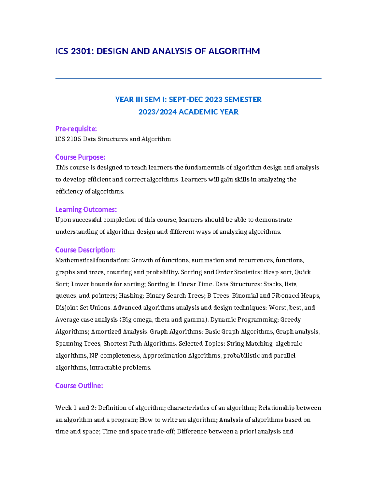 Formatted ICS 2301 Course Syllabus - ICS 2301: DESIGN AND ANALYSIS OF ALGORITHM YEAR III SEM I ...