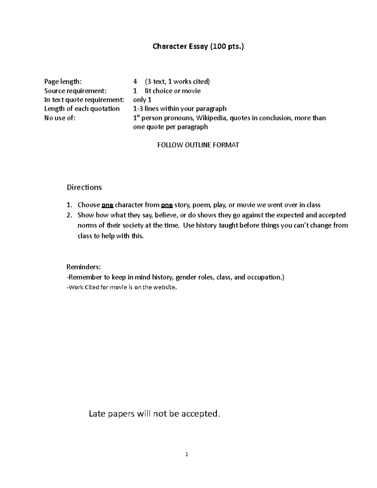Character Essay Requirements - Character Essay (100 pts.) Page length ...