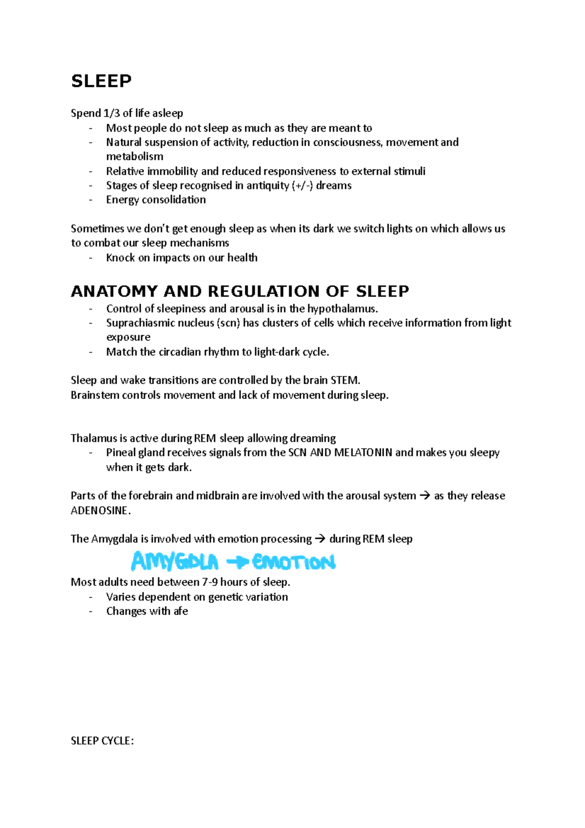 WEEK 15 Sleep - Notes - SLEEP Spend 1/3 of life asleep - Most people do ...