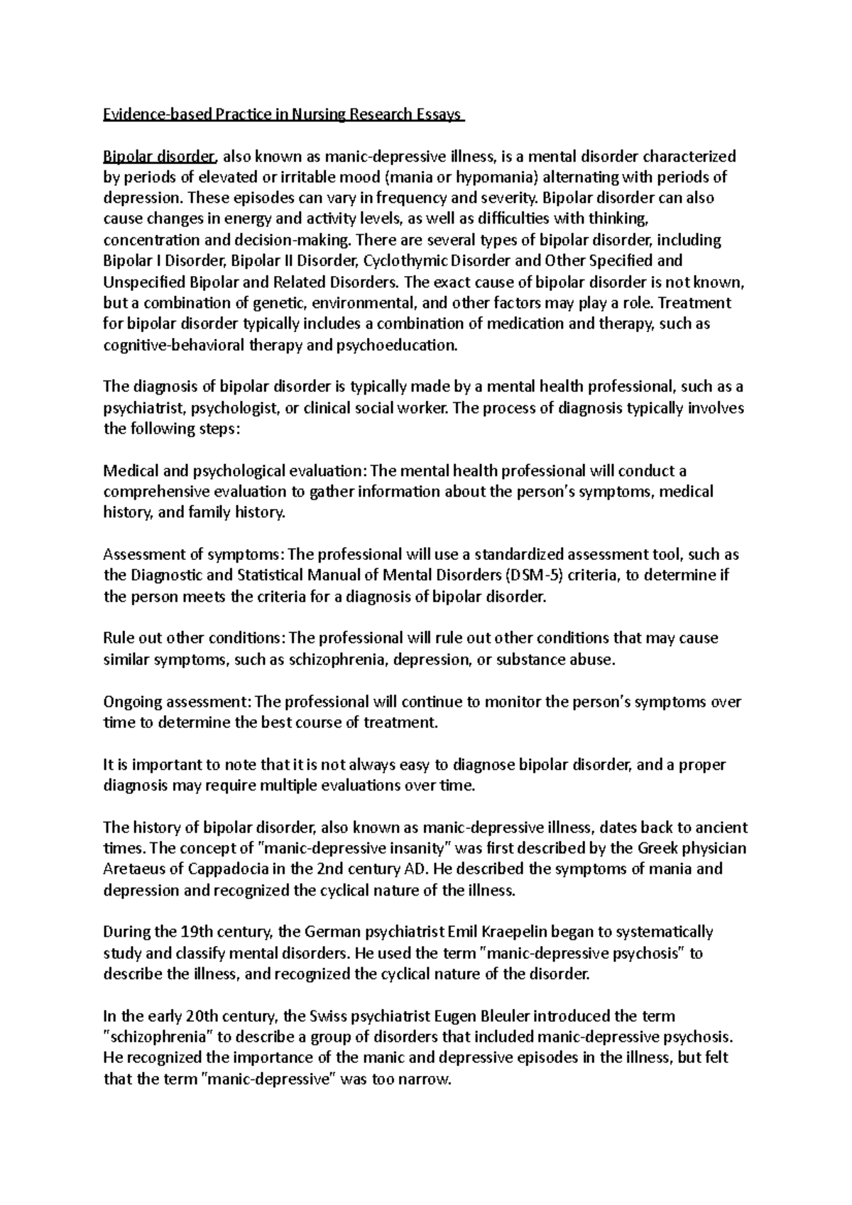 Evidence-based Practice in Nursing Research Essays Bipolar disorder ...