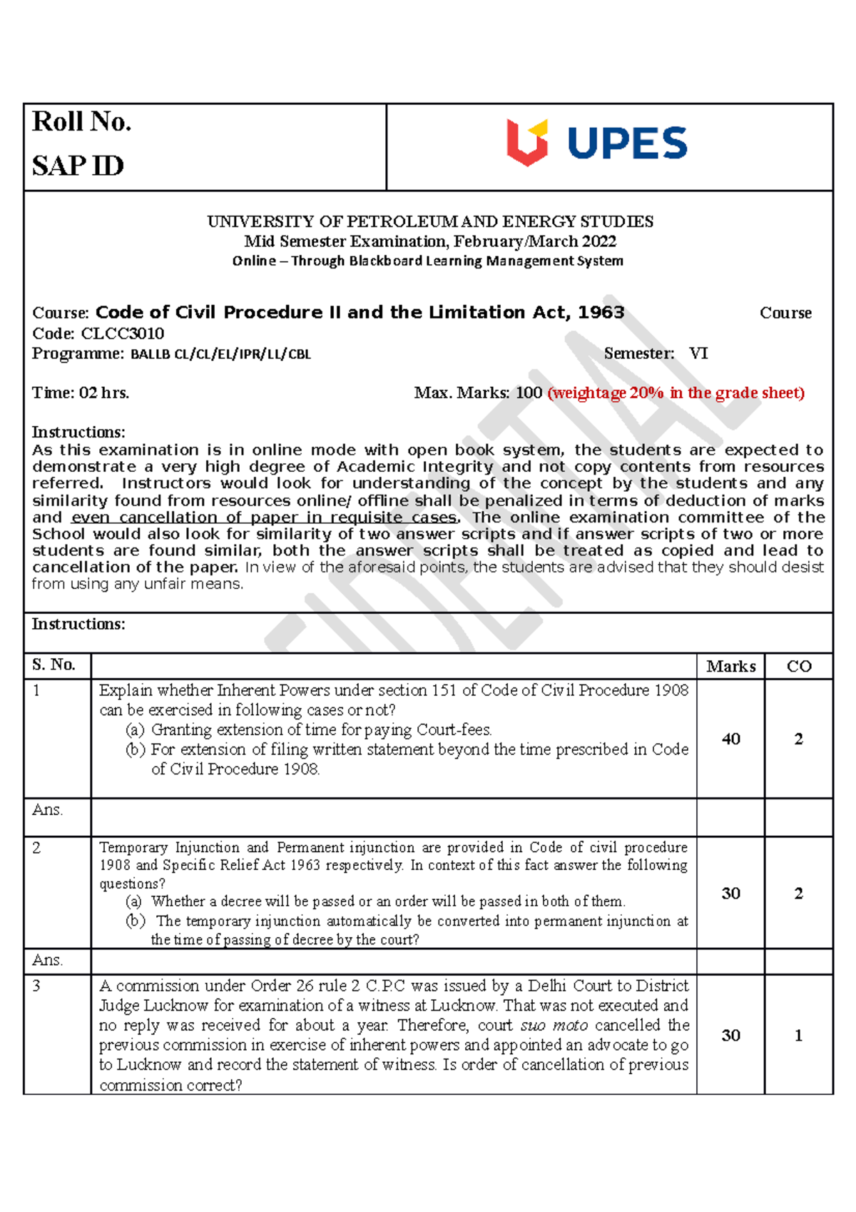 Mid term QP code oc cvibl - Roll No. SAP ID UNIVERSITY OF PETROLEUM AND ...