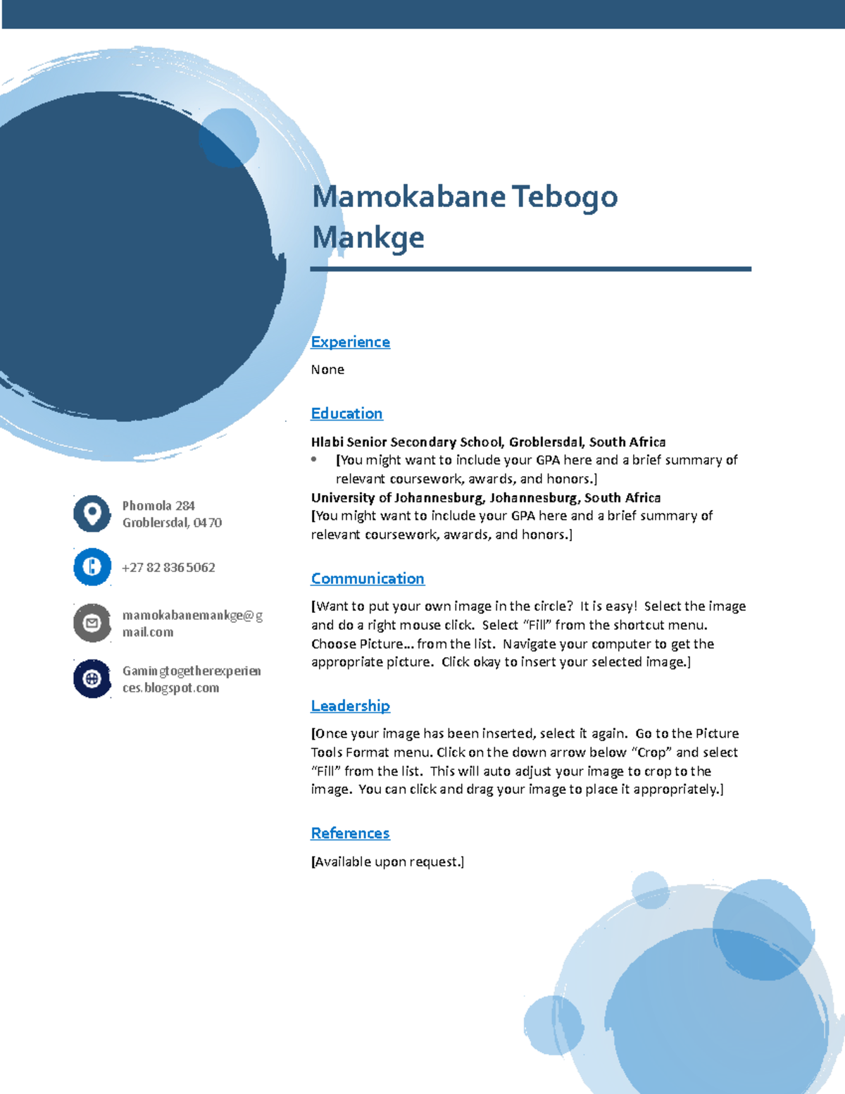Mamokabane Tebogo CV - Mamokabane Tebogo Mankge Experience None ...