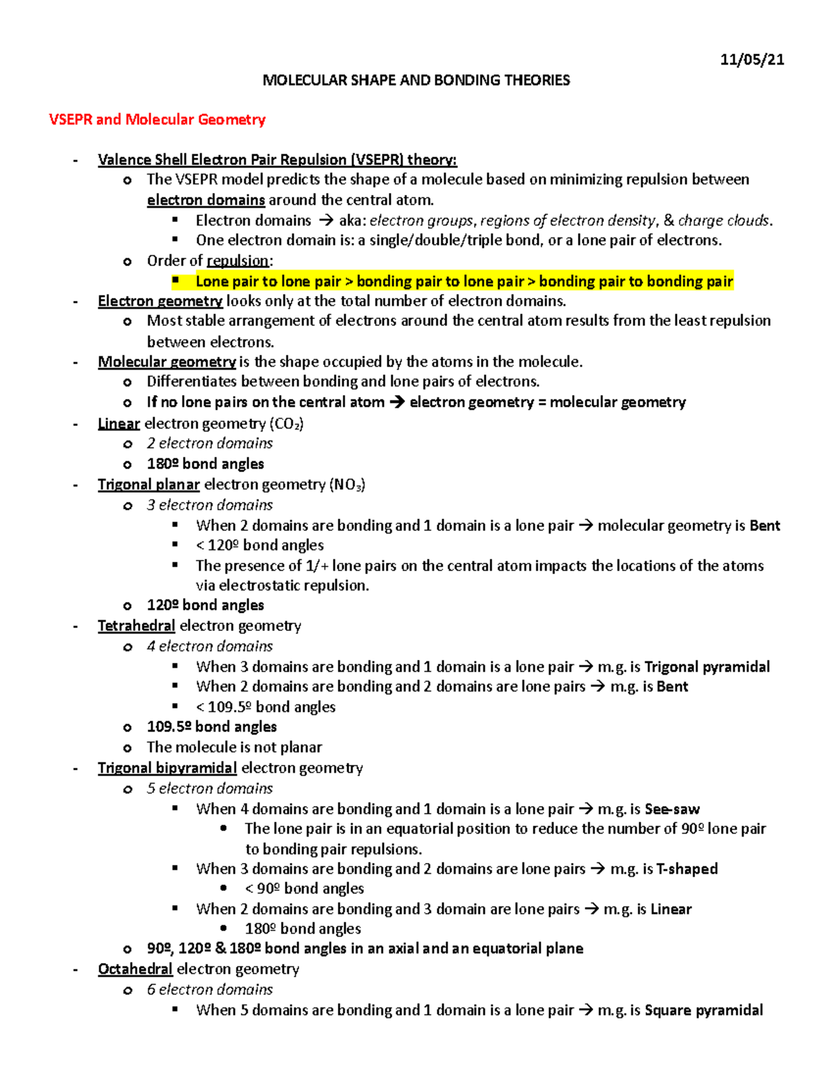 Chem - ch 11 - notes - 11/05/ MOLECULAR SHAPE AND BONDING THEORIES ...