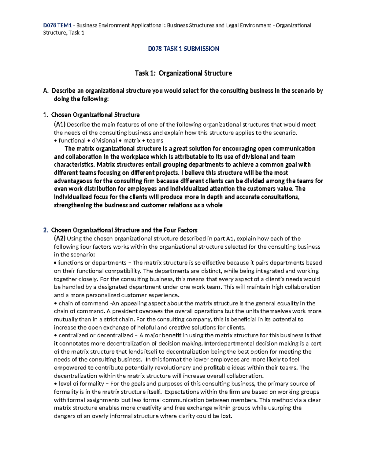 D078 Task 1 passed 1st attempt - D078 TEM1 - Business Environment ...