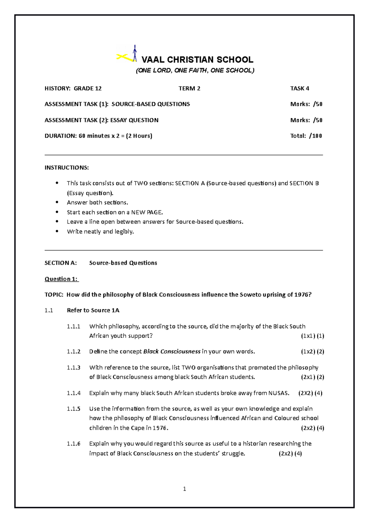 History 12 Term 2 SBA - assignment - VAAL CHRISTIAN SCHOOL (ONE LORD ...