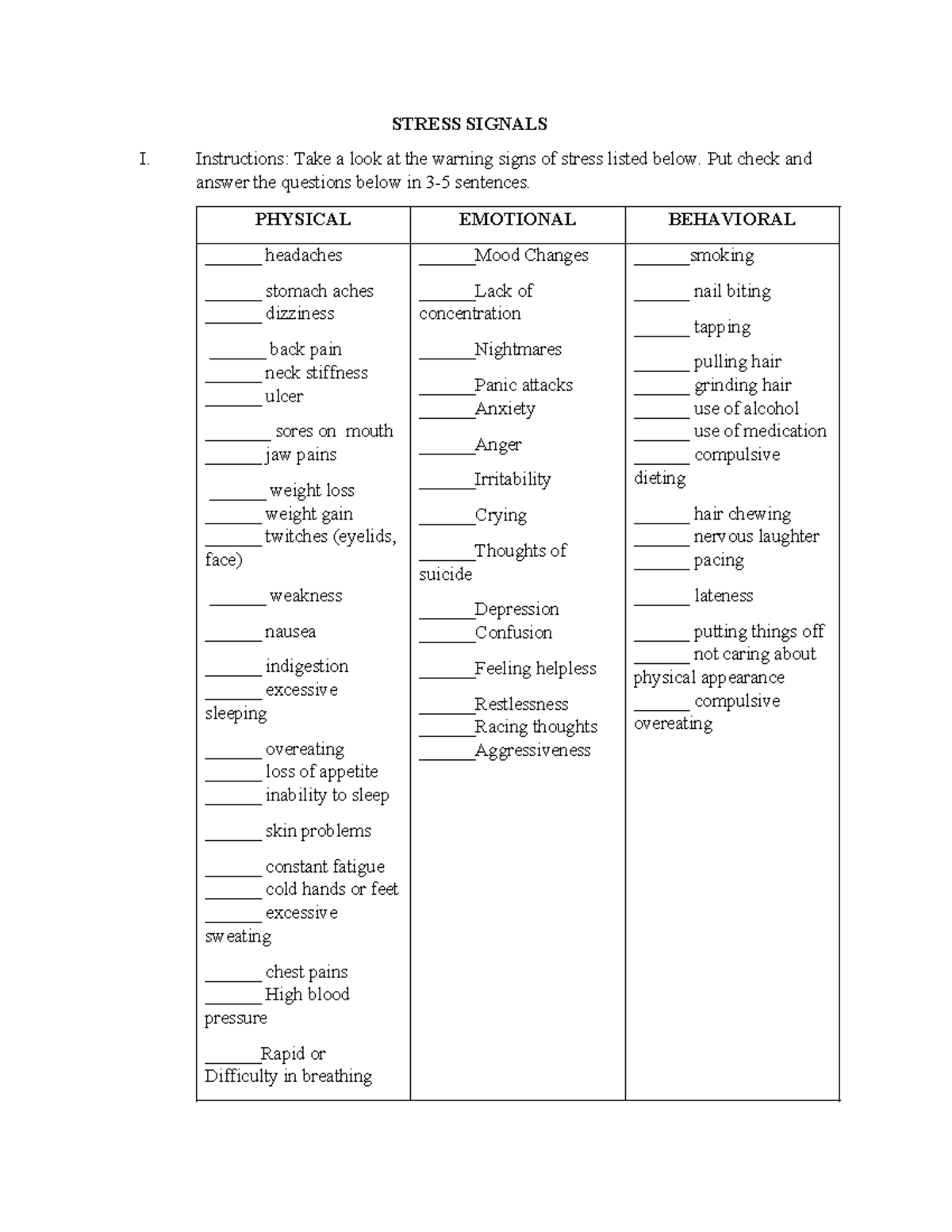 computer programming - STRESS SIGNALS I. Instructions: Take a look at ...