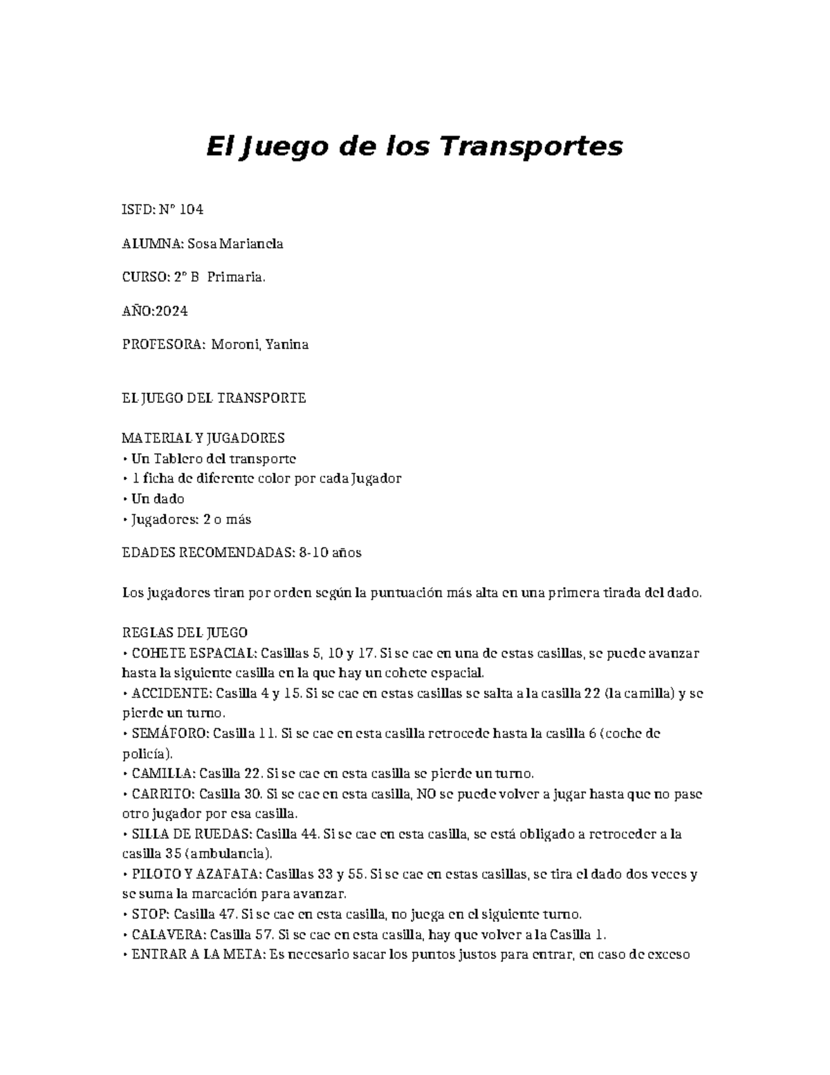 El Juego de los Transportes y Plan de Clase - El Juego de los ...