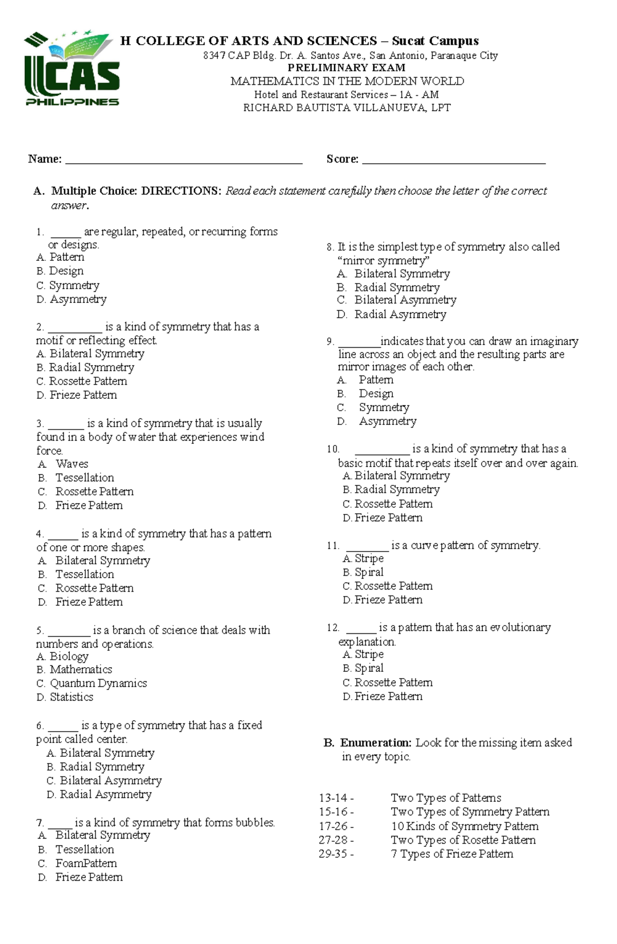 Prelim - Math in the Modern World (HRS) - INFOTECH COLLEGE OF ARTS AND ...