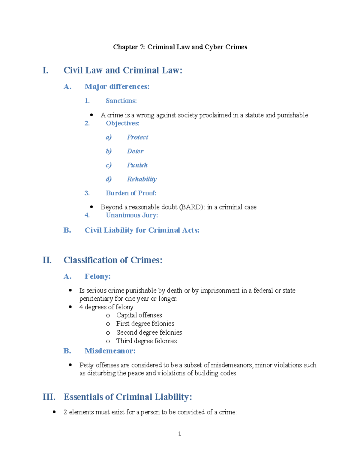 Chapter 7 - Chapter 7: Criminal Law and Cyber Crimes I. Civil Law and ...