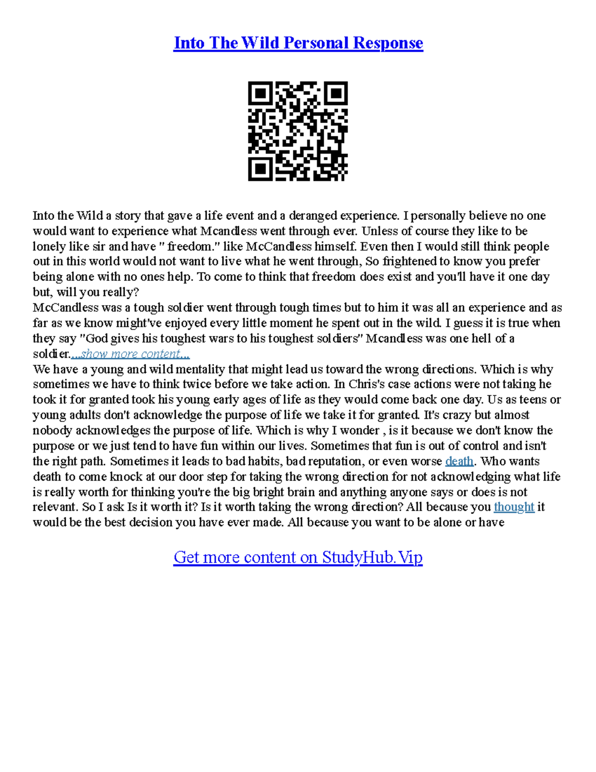 Personal Response Essays - Into The Wild Personal Response Into the ...