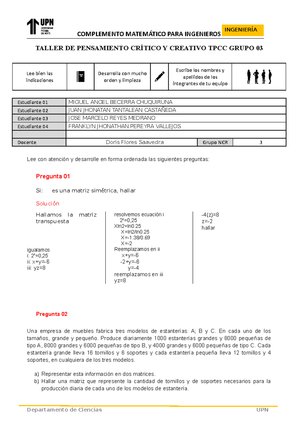 Taller DE Competencias TPCC Grupo 03 - COMPLEMENTO MATEMÁTICO PARA INGENIEROS TALLER DE ...