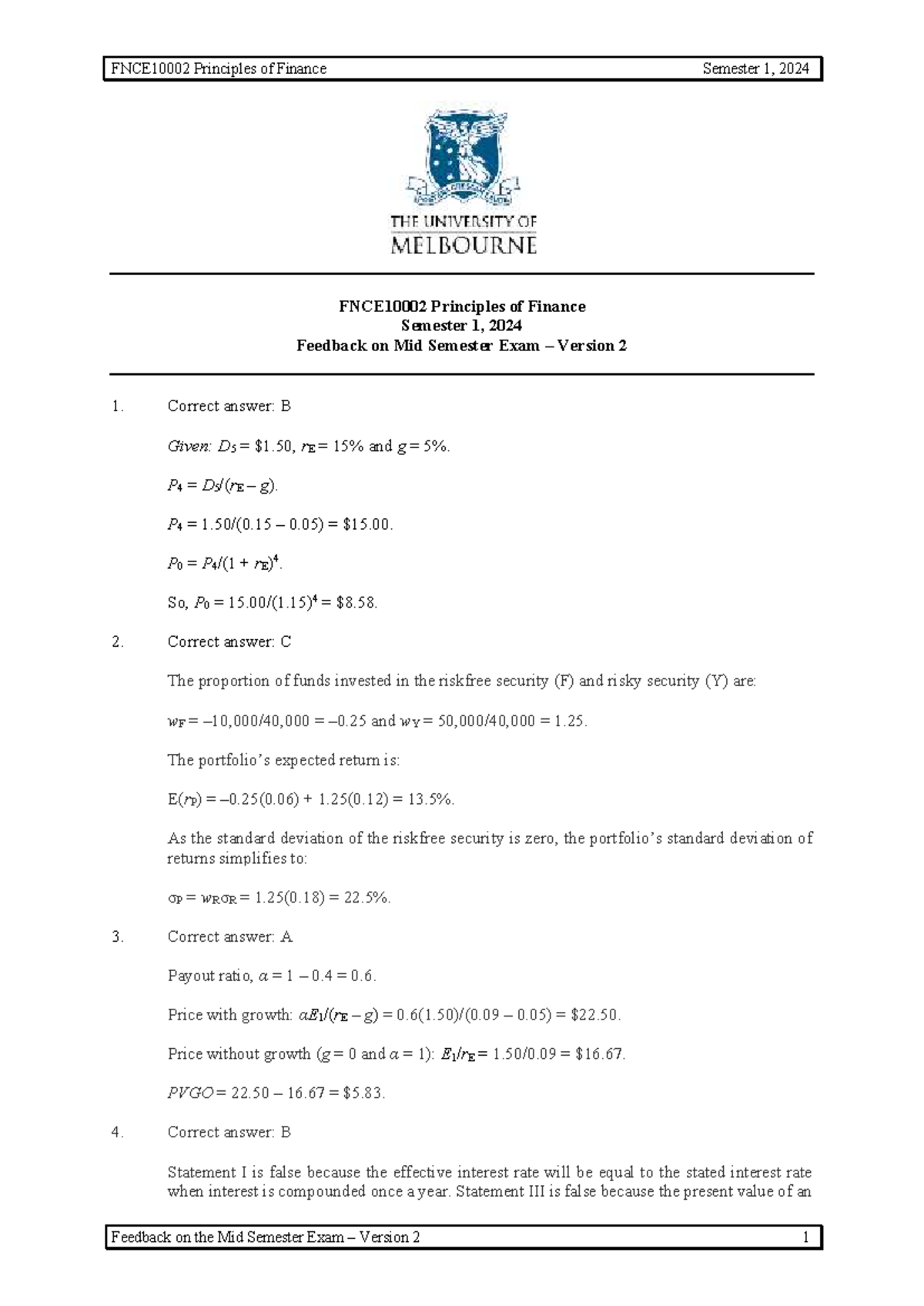 POF MID-SEM Answers - FNCE10002 Principles of Finance Semester 1, 2024 ...