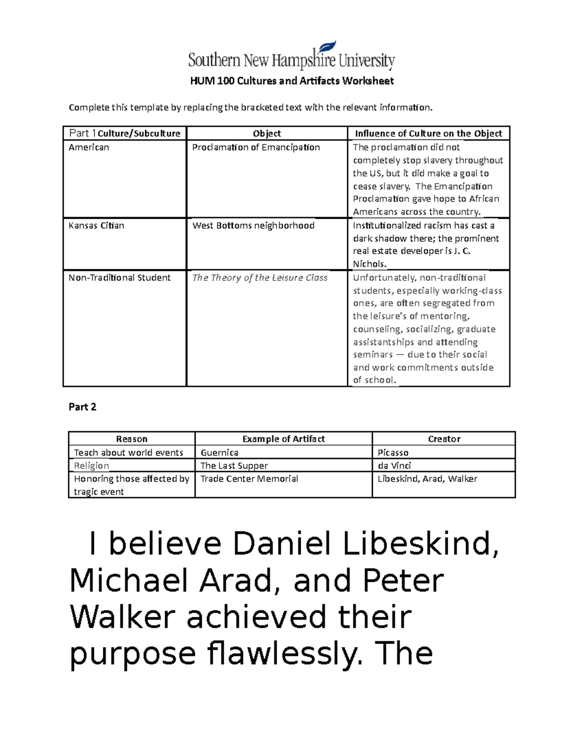 HUM 100 Cultures and Artifacts Worksheet-complete - Part 1 Culture ...
