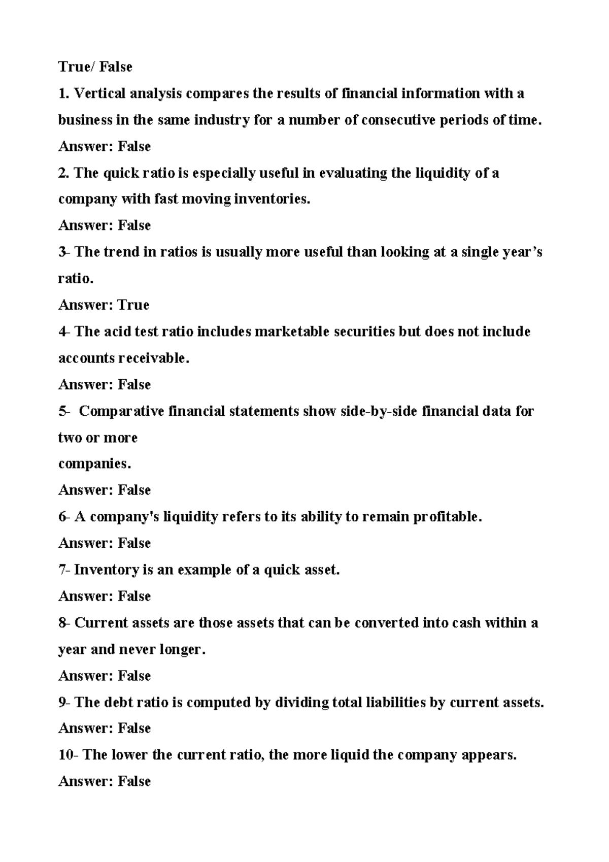 Financial Management final revision - True/ False Vertical analysis ...