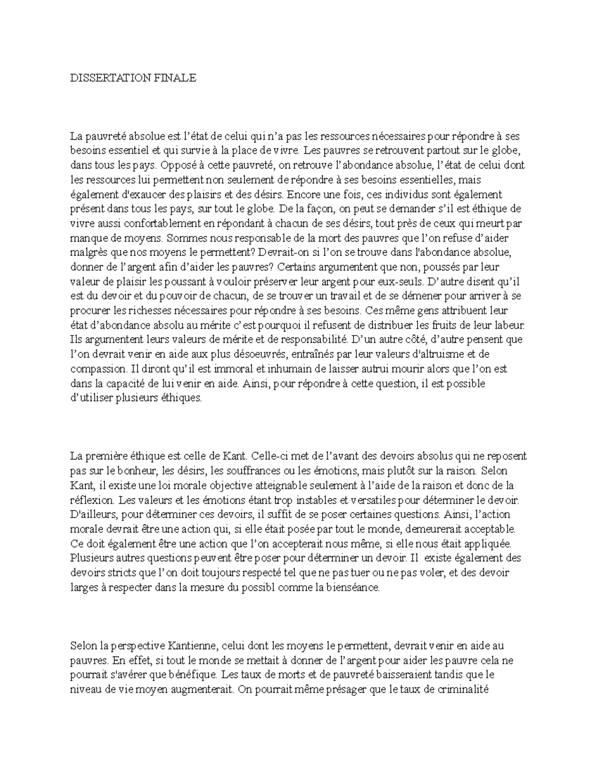 Philo txt - txt - DISSERTATION FINALE La pauvreté absolue est l’état de celui qui n’a pas les ...