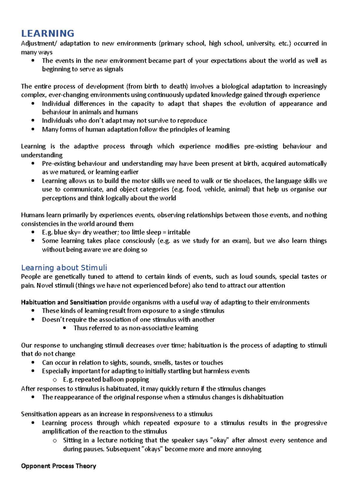 6. Learning - Lecture 6 - LEARNING Adjustment/ adaptation to new ...