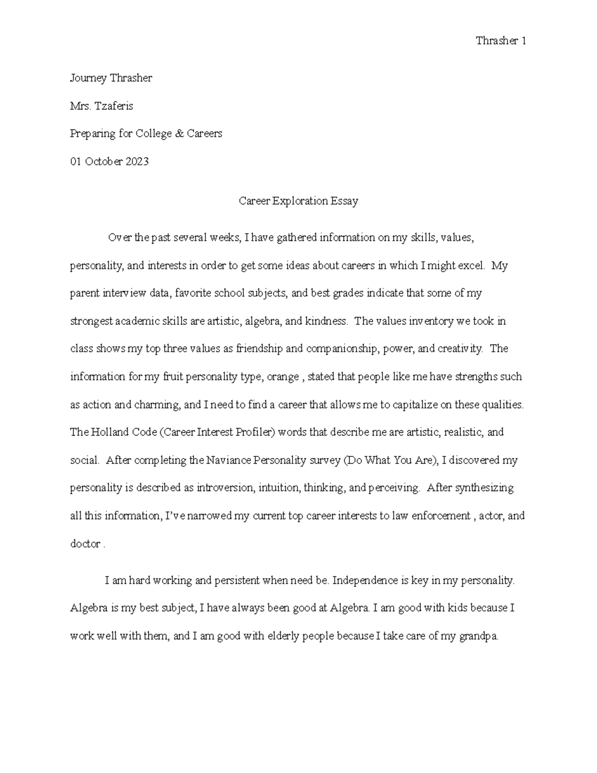 Copy of Career Exploration Essay MLA Template - Journey Thrasher Mrs ...